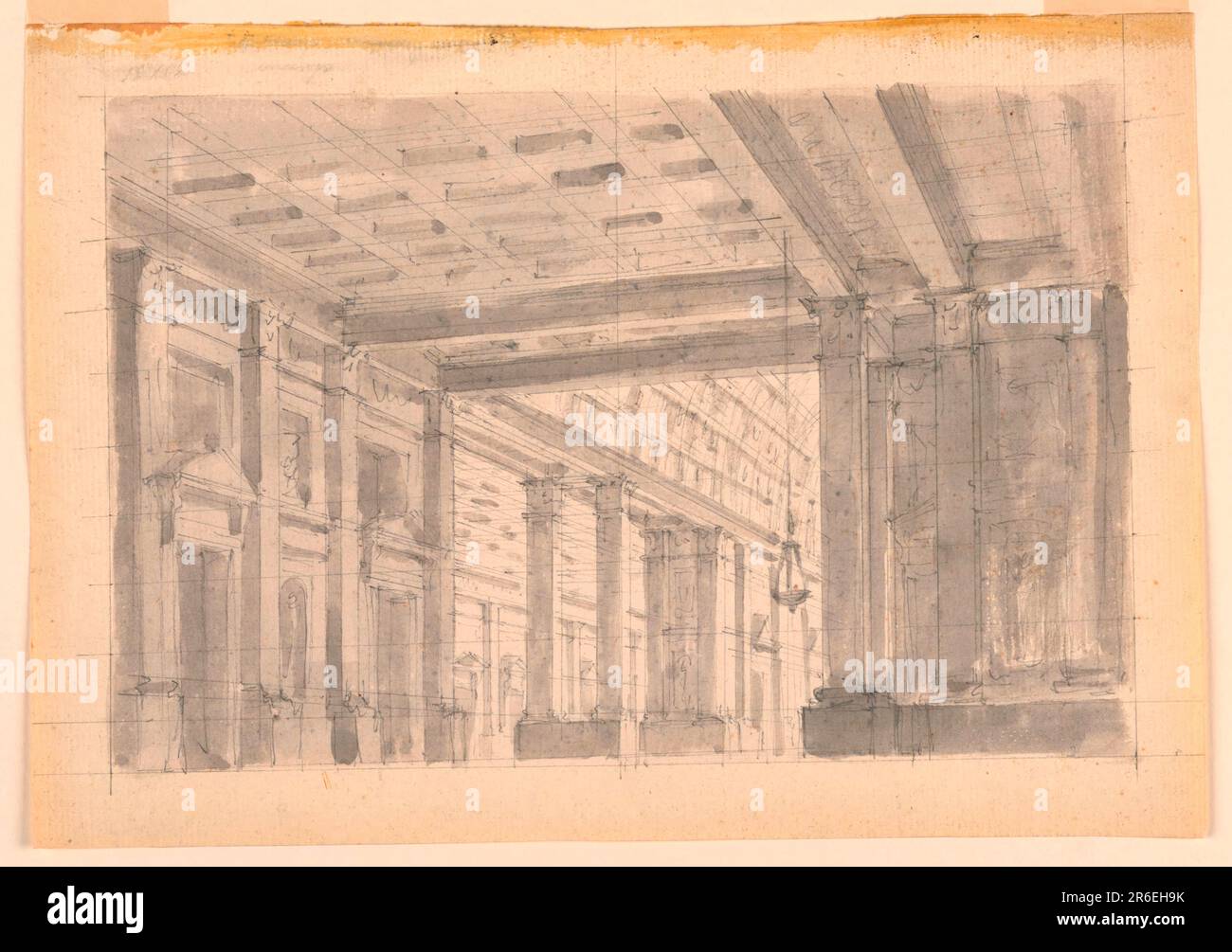Sketch in perspective of vestibule with coffered ceiling, beyond which ...
