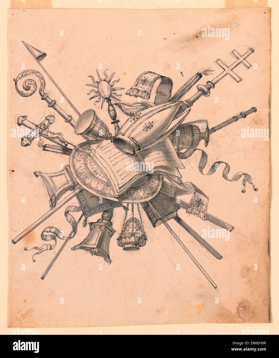 An assembly of a mitre, a prelate's hat, a crozier, an archbishop's ...