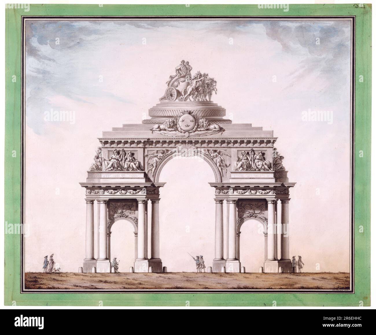 The triumphal arch, depicted at center, in mid-distance, consists of a ...