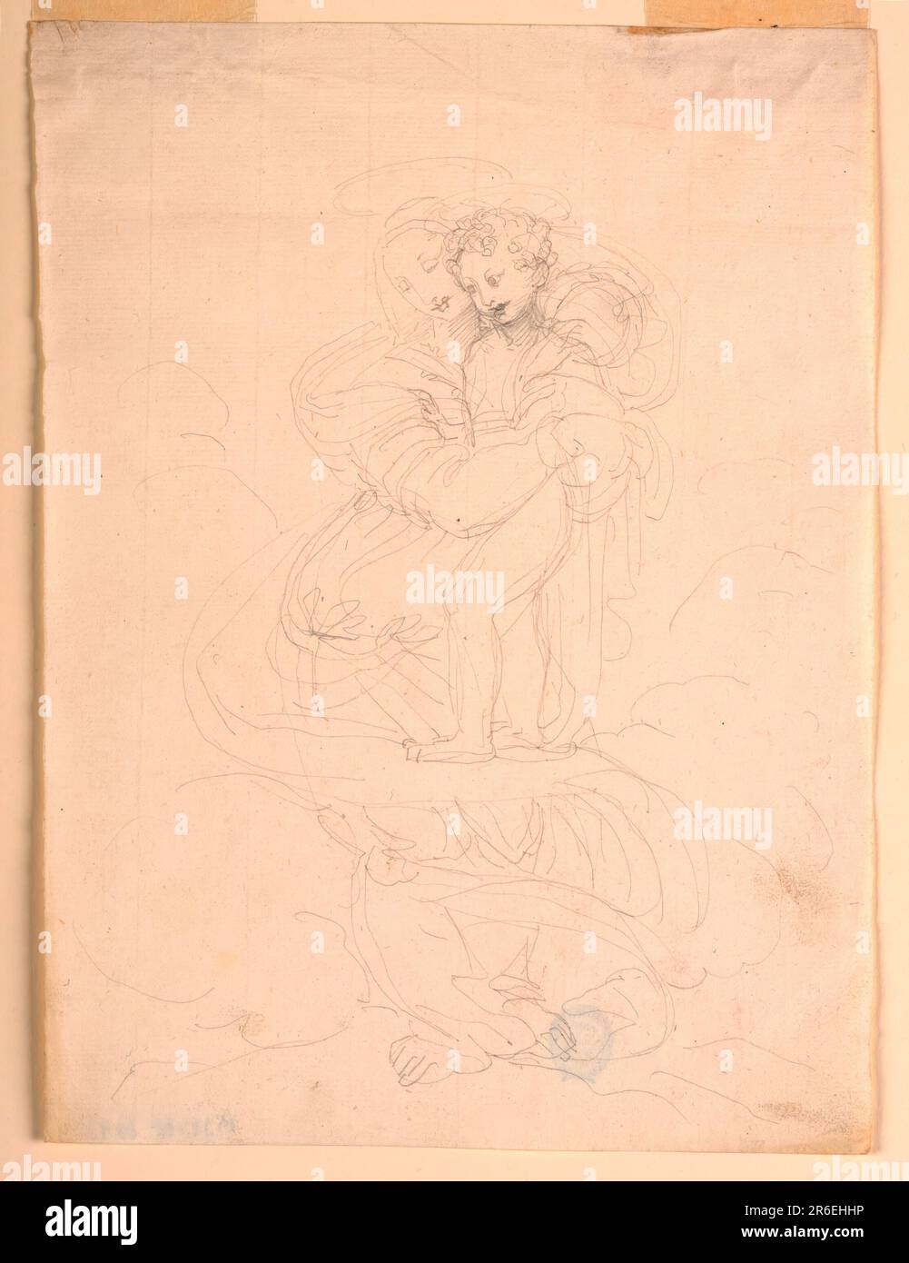 The Virgin is standing upon clouds, seen frontally. She has her arms ...