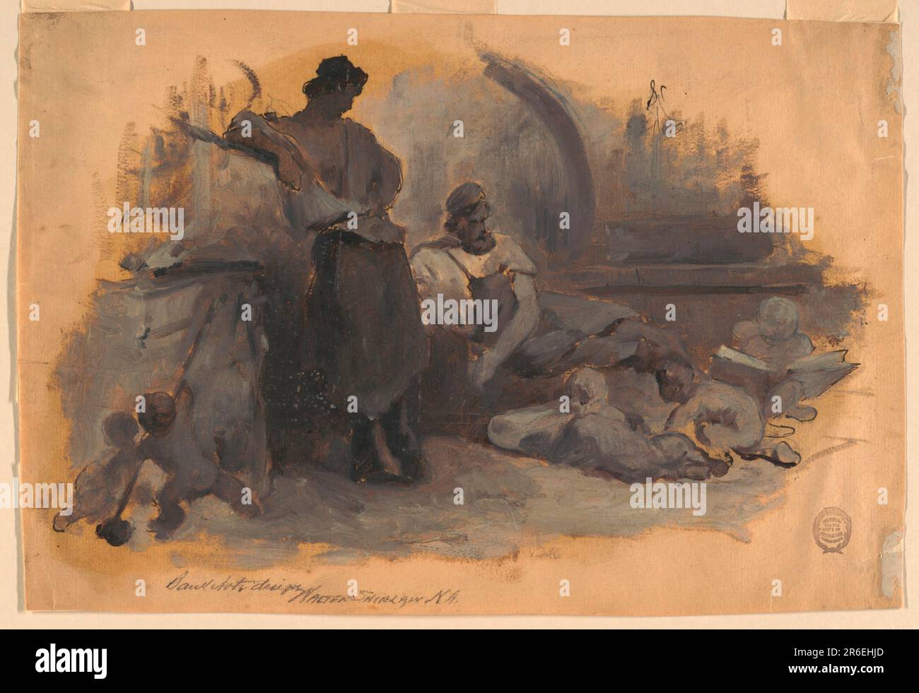 Five children busy themselves in a blacksmith's workshop. The master ...