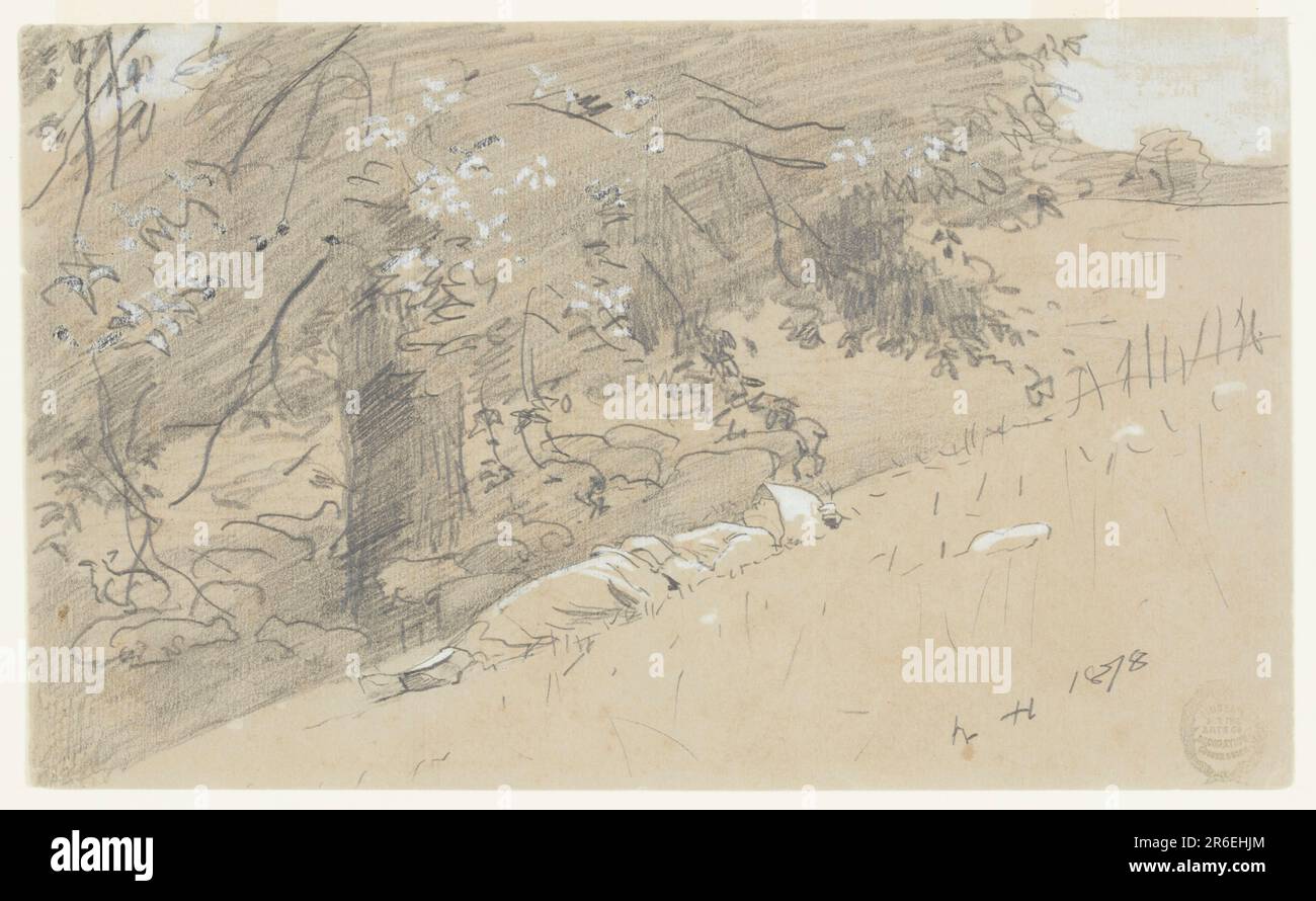 Sketch of a young figure in sunbonnet reclining on a hillside. In the ...