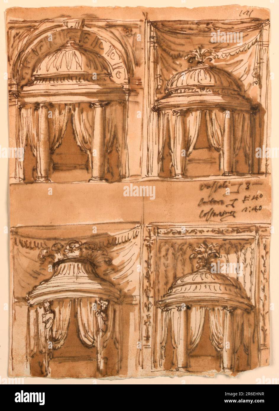 Upper row: the Ionic columns support an entablature and a dome in front ...