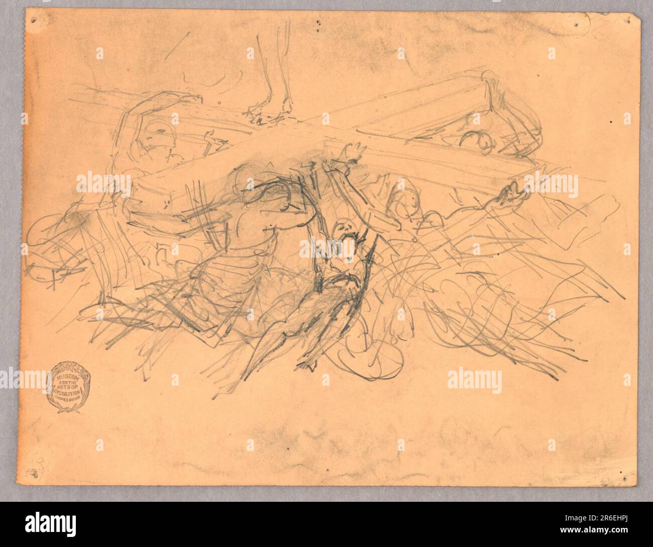 Several figures holding up a heavy cross. The leg of a figure rests on ...