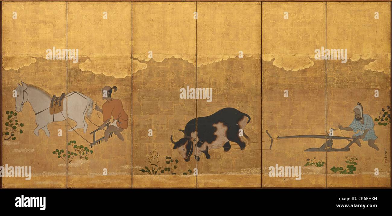 Two farmers ploughing and harrowing a rice field. Origin: Japan. Period ...