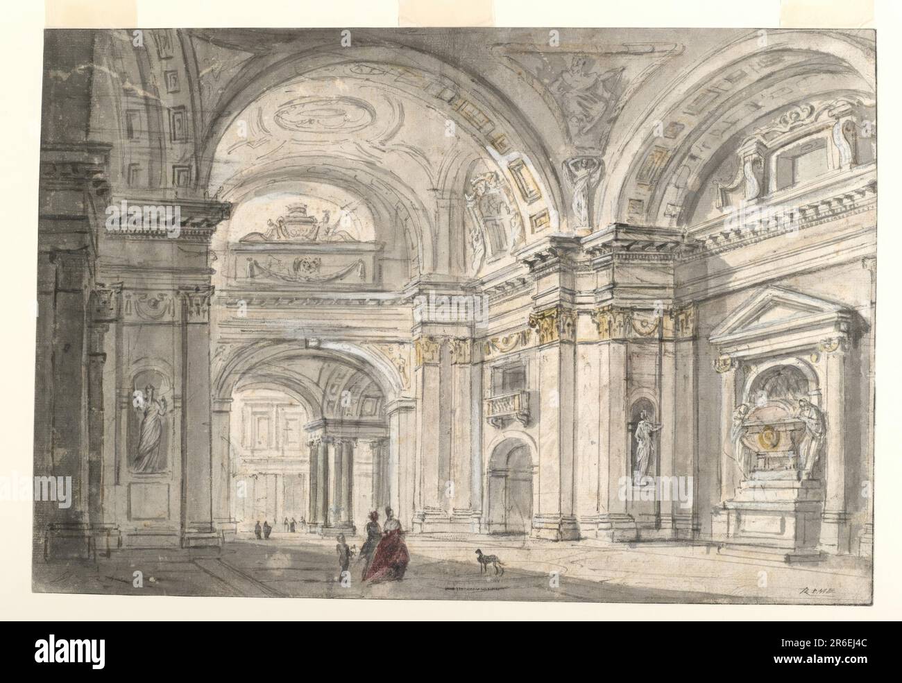 Depiction of a church interior. The view shown from an oblique angle ...