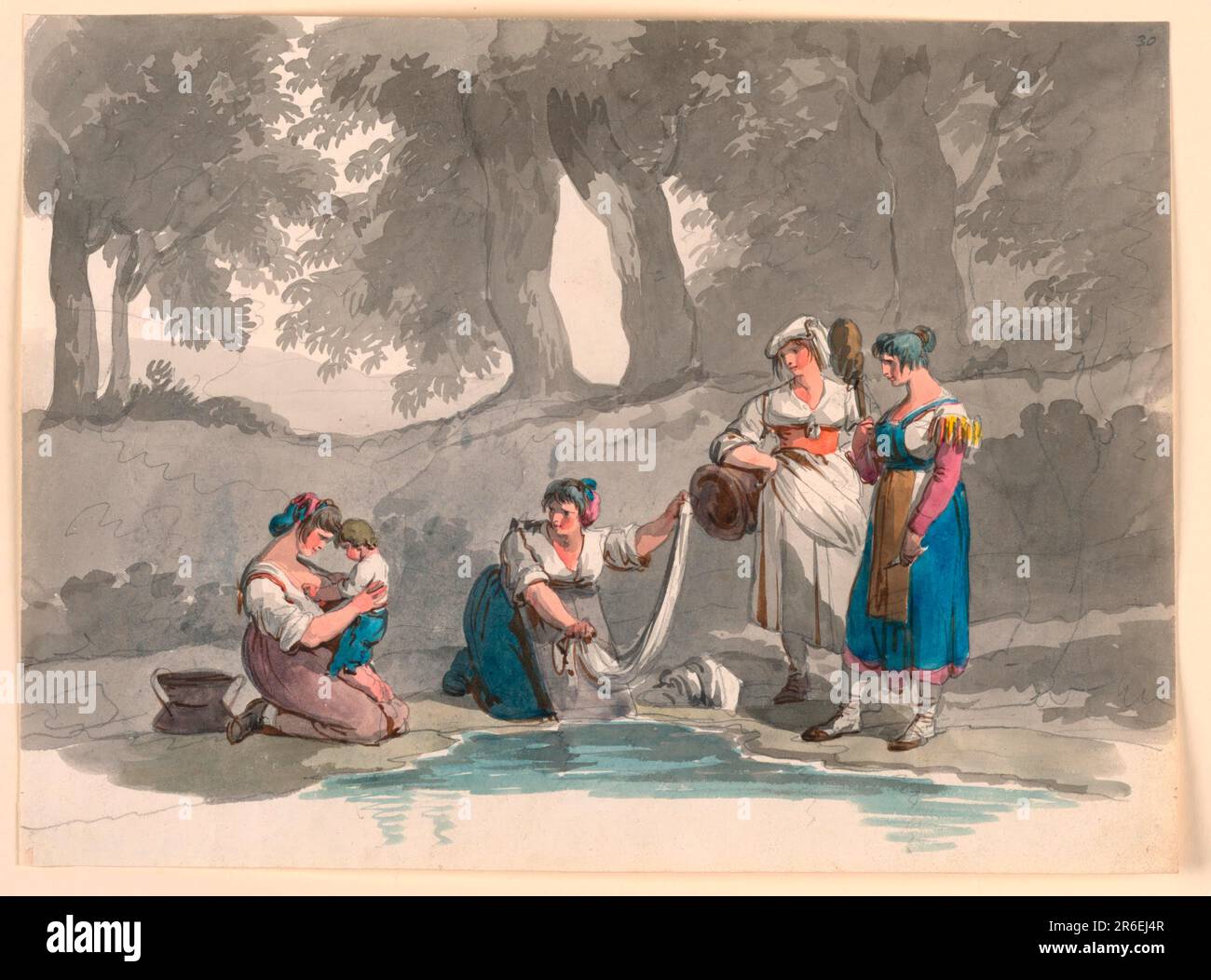 Two kneeling and two standing women at the edge of a stream. One of the ...