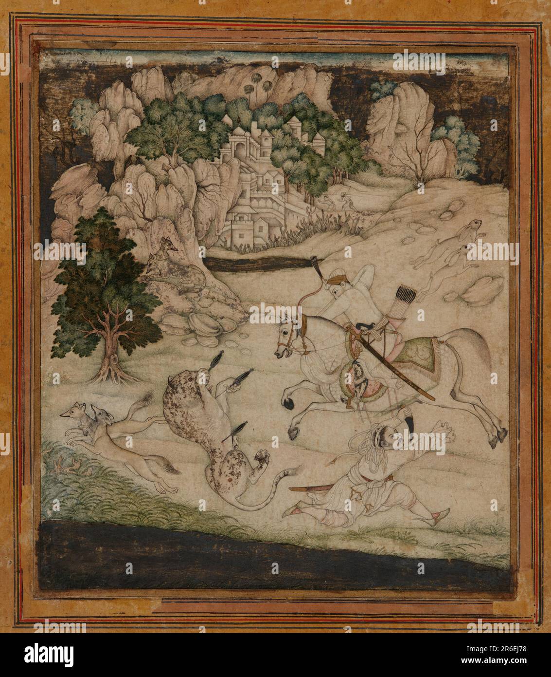 Landscape—a hunting scene. Origin: India. Period: Mughal dynasty. Color ...