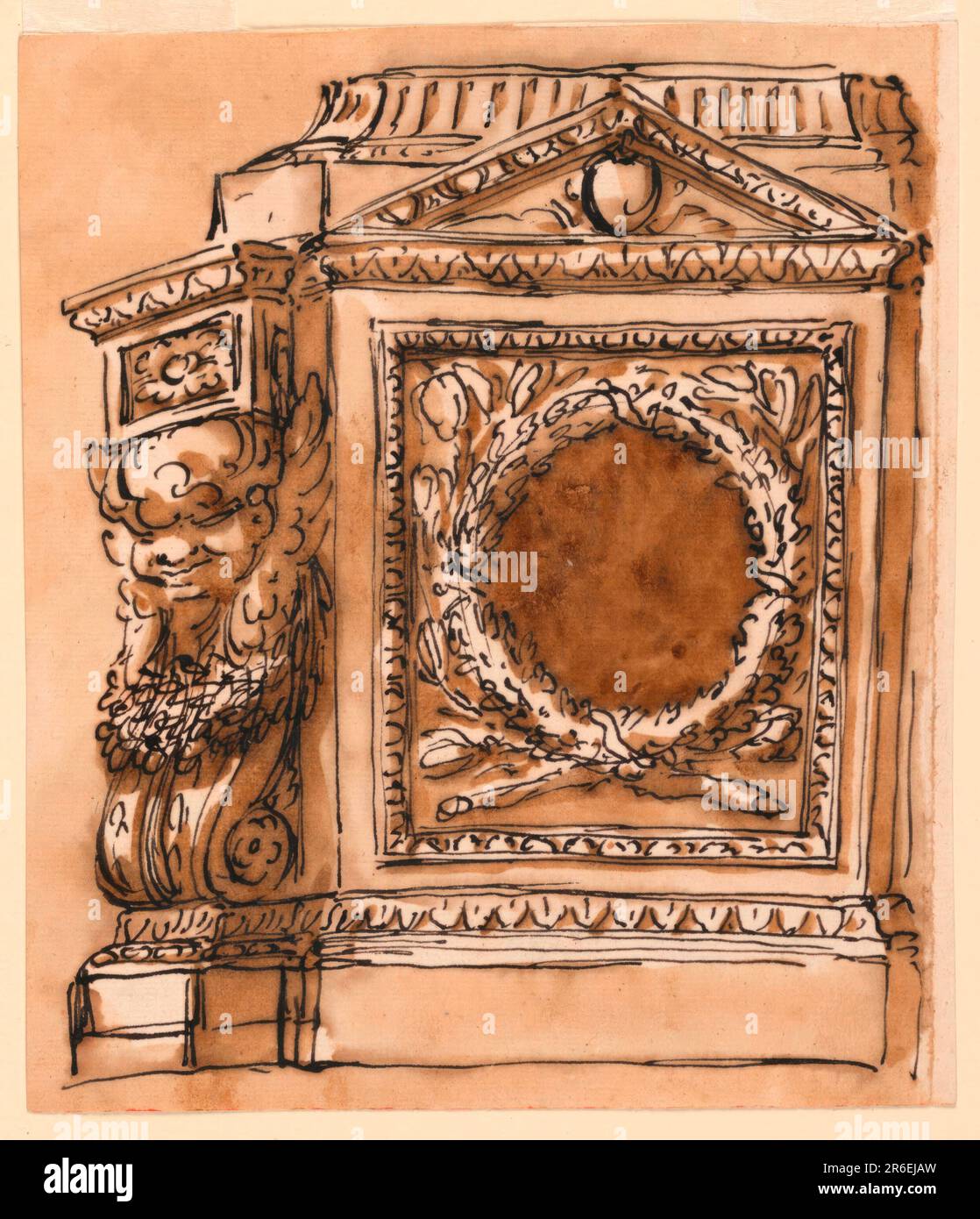 The front panel is decorated with a wreath and two branches. A ...