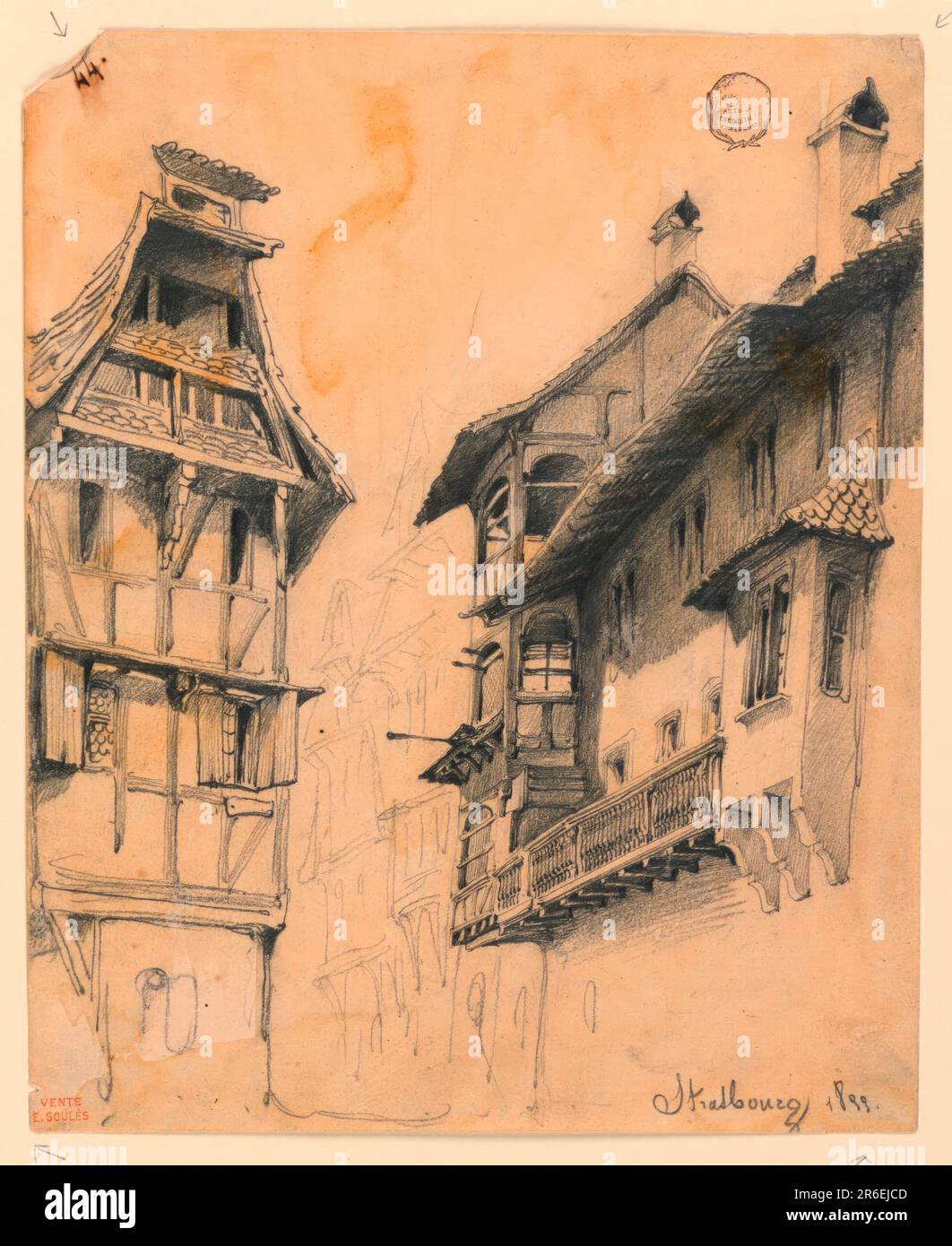 The upper parts of two houses are carefully drawn; the remnant is ...