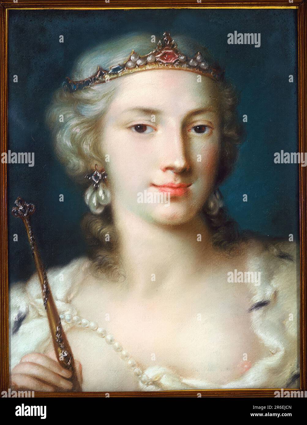 Bust-length female figure wearing a jeweled crown, heavy pearl pendant ...