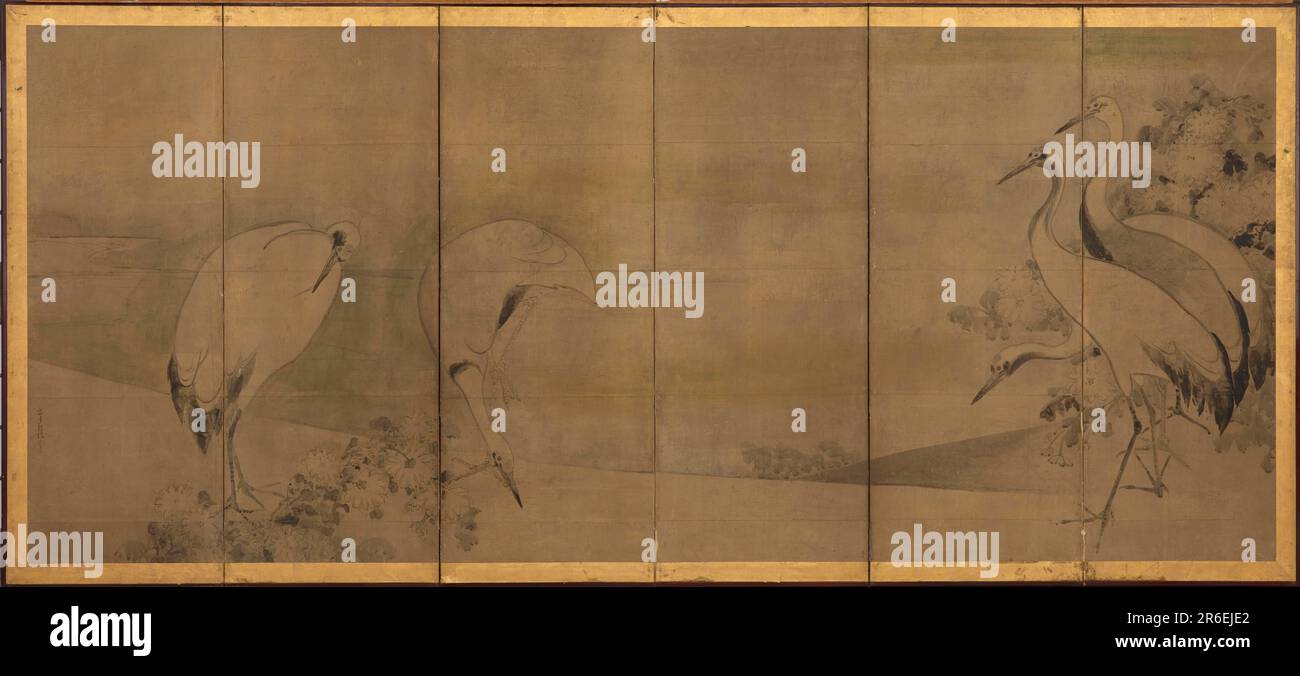 Cranes and chrysanthemums. Origin: Japan. Period: Momoyama or Edo ...