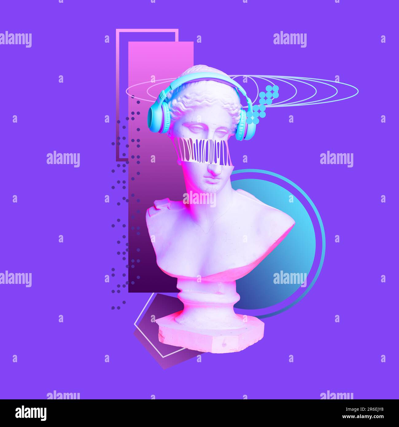 Techno vibe. Antique statue bust with headphones against purple ...