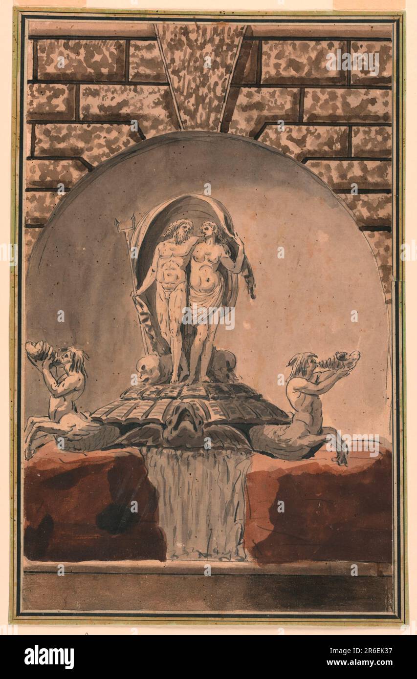 A rusticated wall with a keystone frames a niche with a fountain of ...