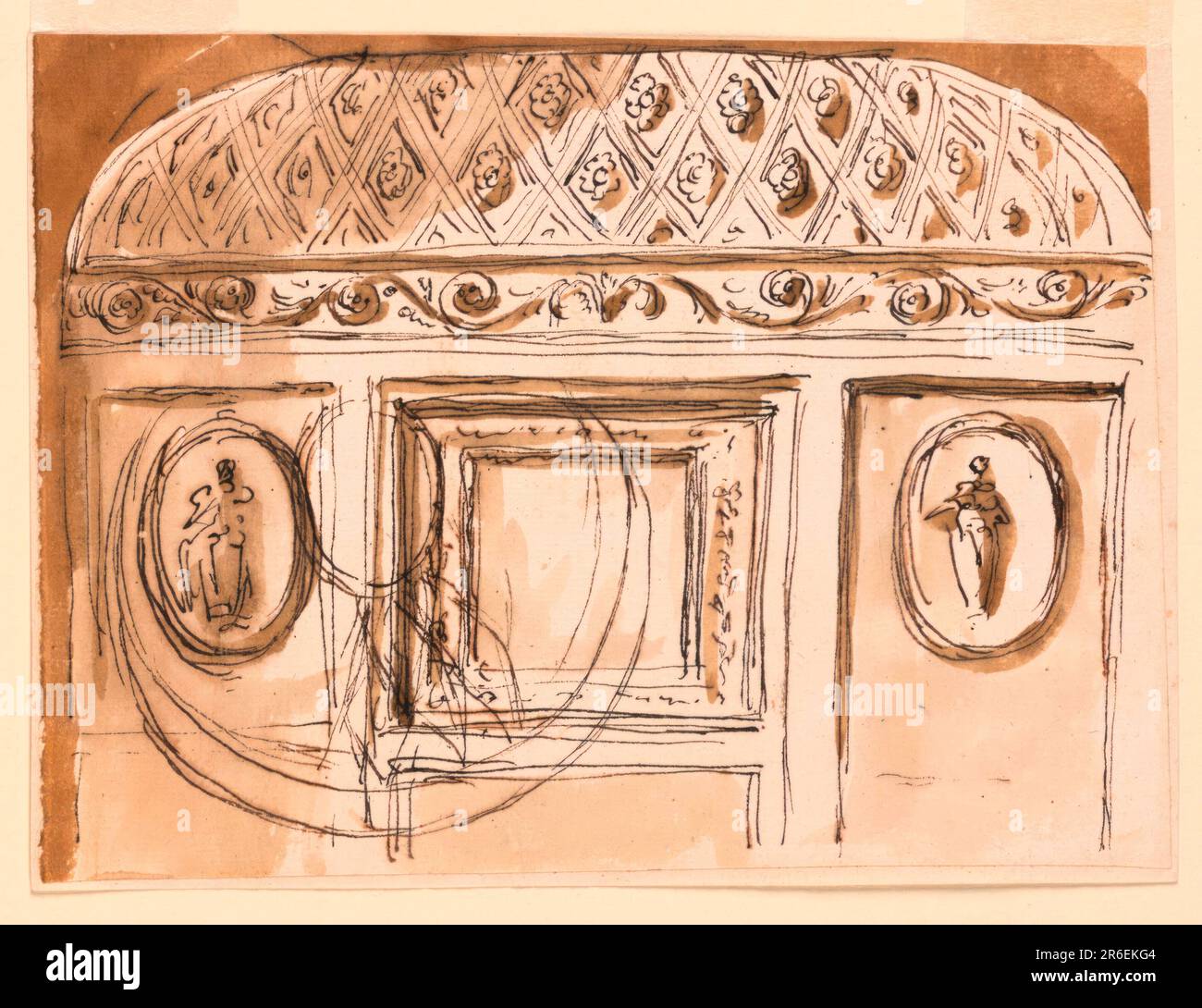 Entrance wall of a salon. Pen and brown ink, brush and brown wash on ...