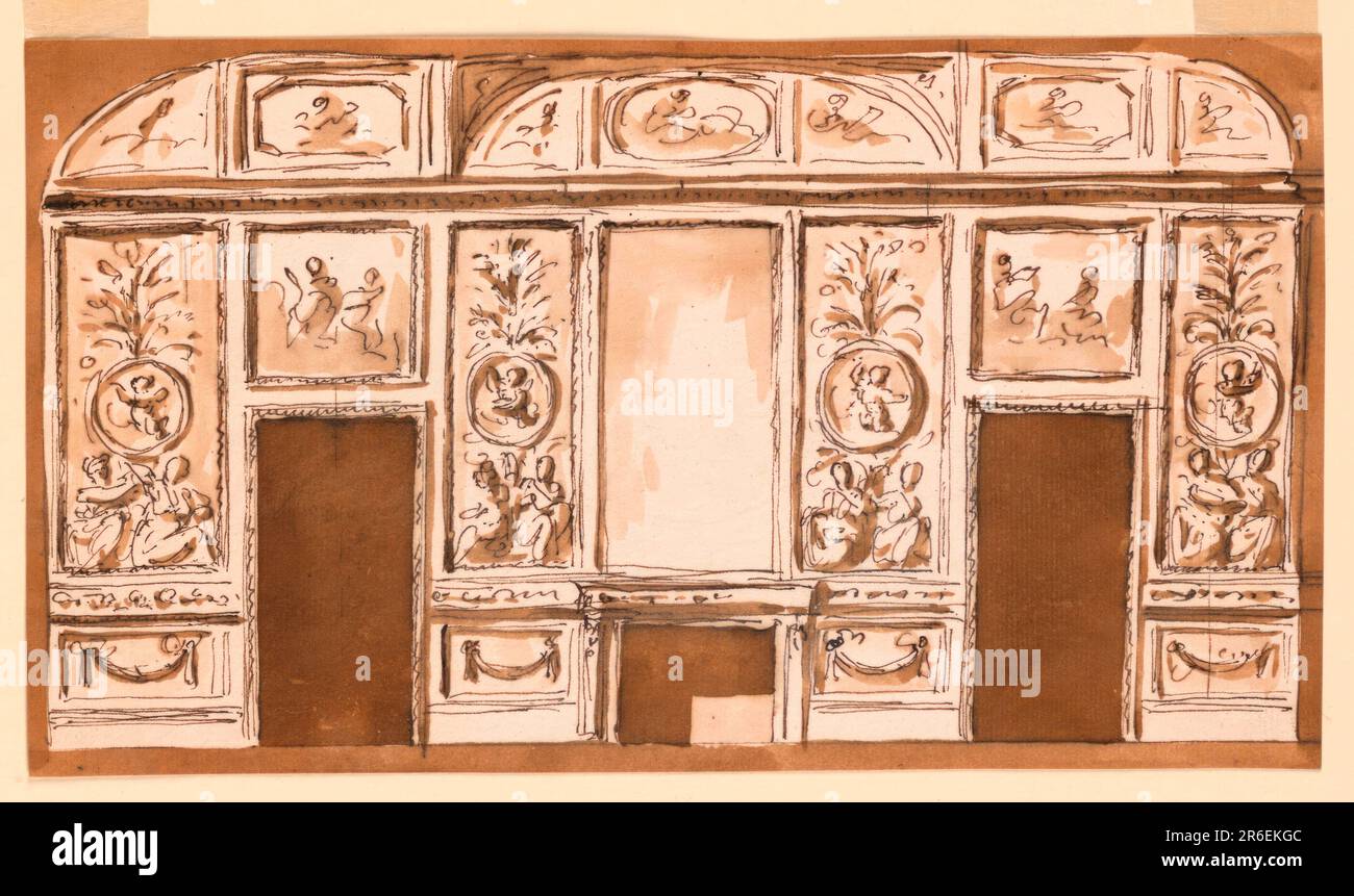 Entrance wall of a salon. Pen and brown ink, brush and brown wash on ...