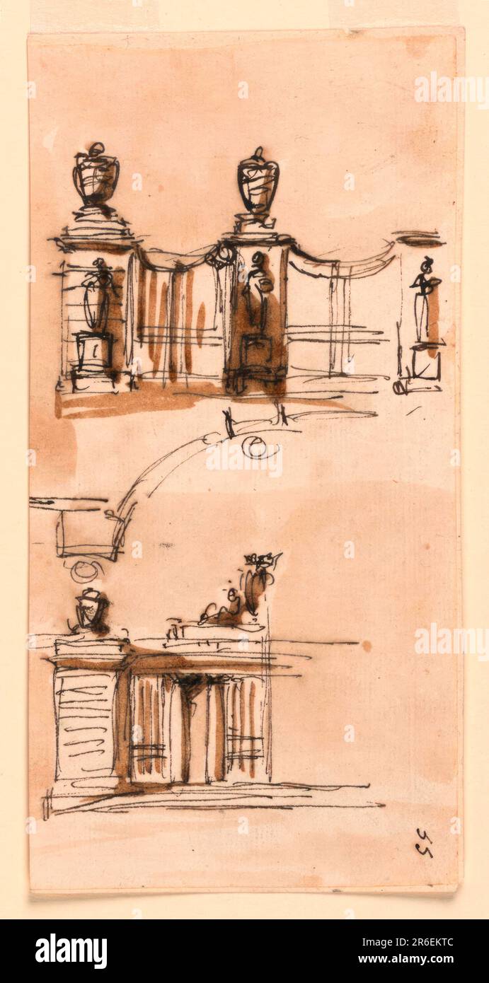 Above: two sections are shown, one completely. Between pilasters are ...