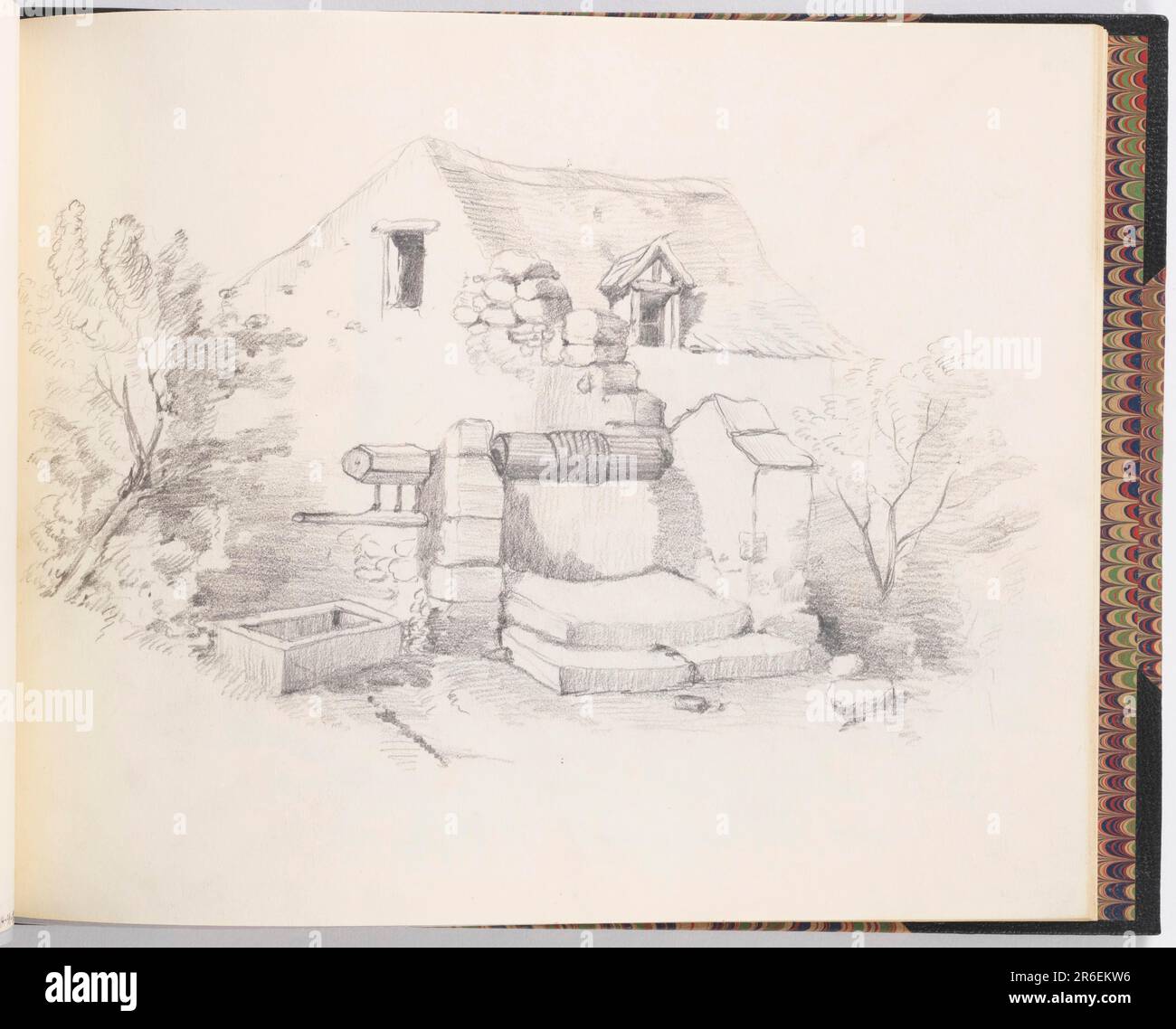 Sketchbook drawing of a house with a wall and a well in back foreground ...