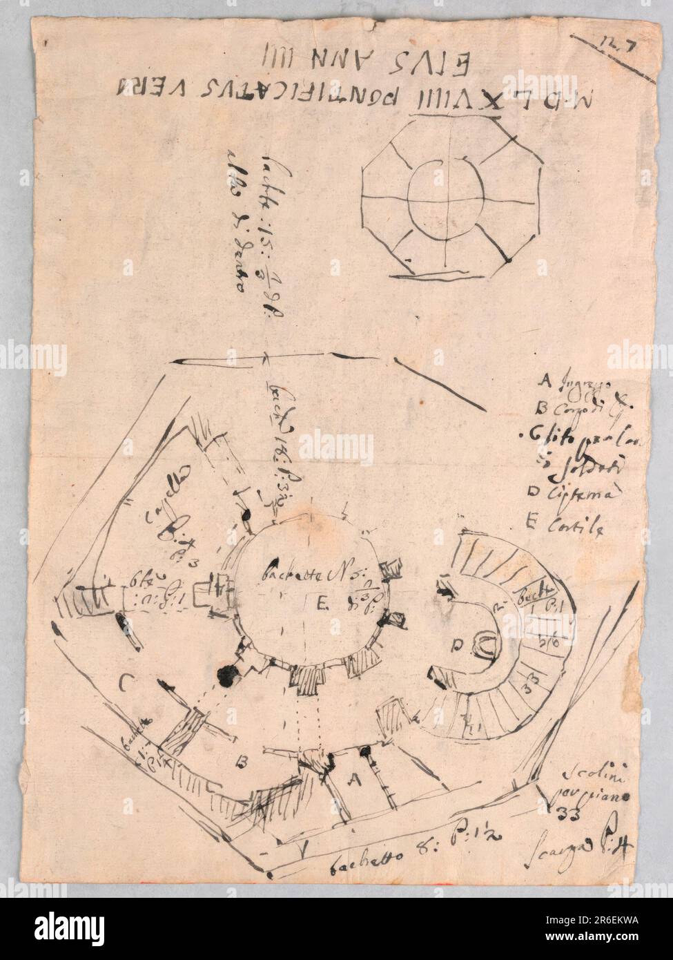 Below, hexagonal plan for hospital or bastion. Above, similar but less ...