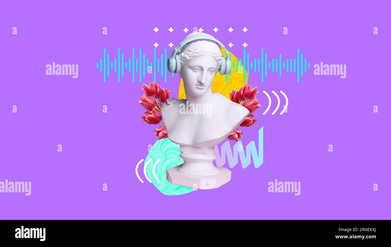 Music vibe. Antique statue bust in headphones against purple background ...
