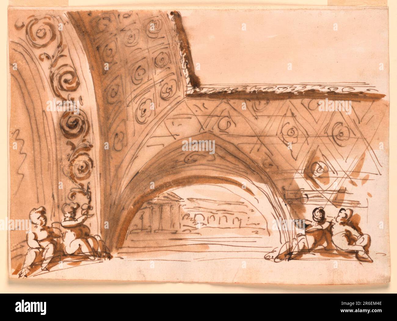 A rinceau decorates the arch at left. Two children sit upon its base ...
