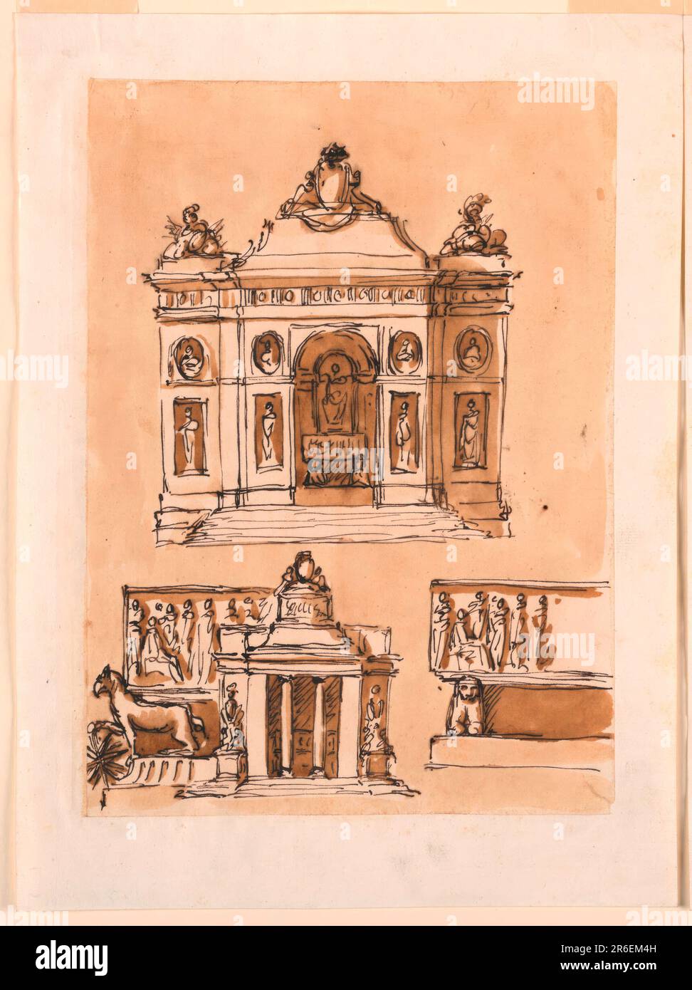 Above: Elevation of a wall with a great niche in the center. In its ...