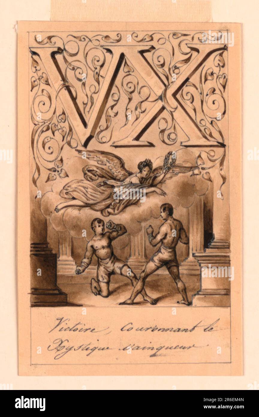 Letters above, flanked by intertwining rinceaux. Victory crowning a ...