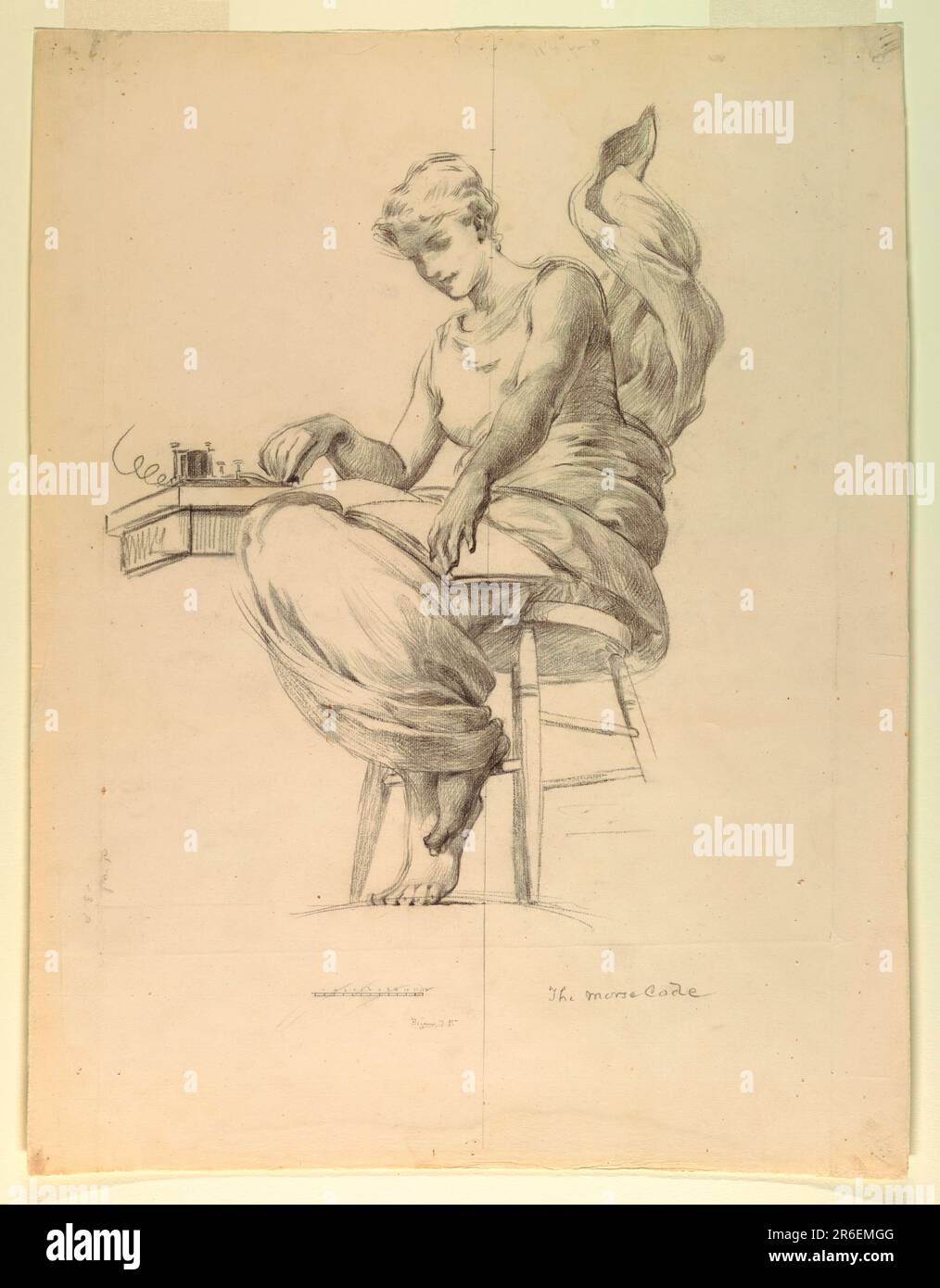 Draped figure of a woman seated on a stool, seen from below level of ...