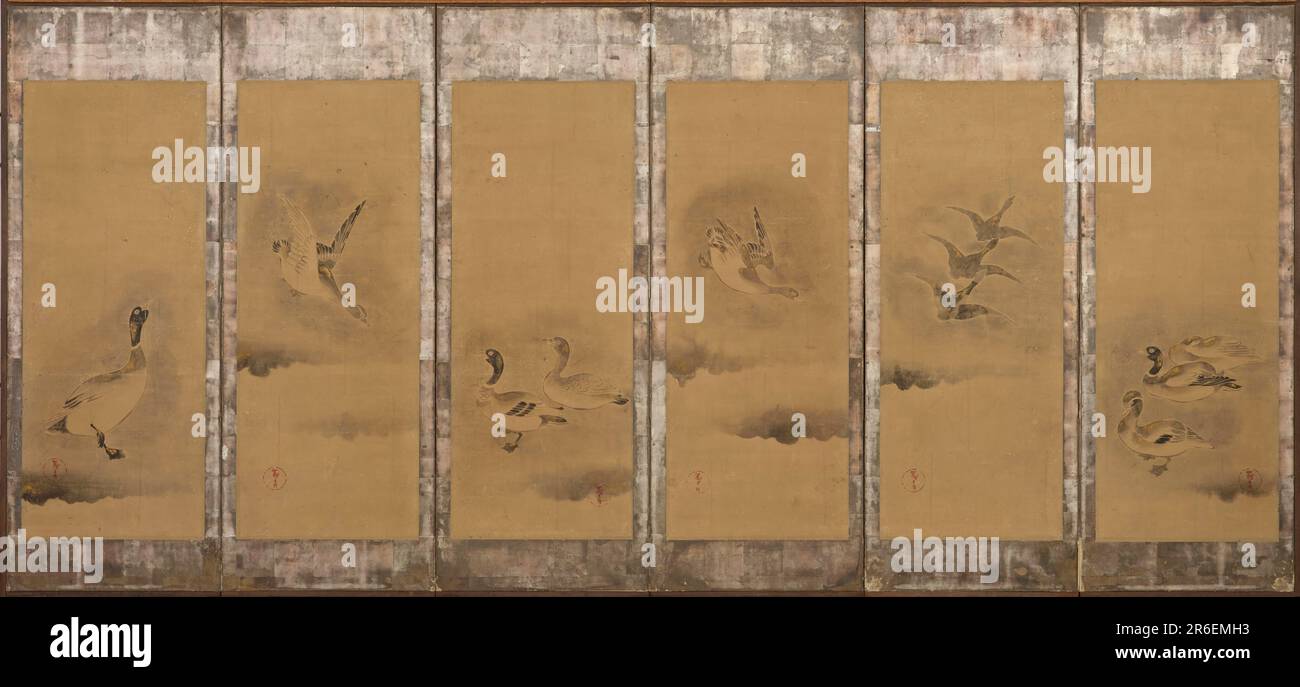 Wild geese. Origin: Japan. Period: Momoyama or Edo period. Ink and gold ...