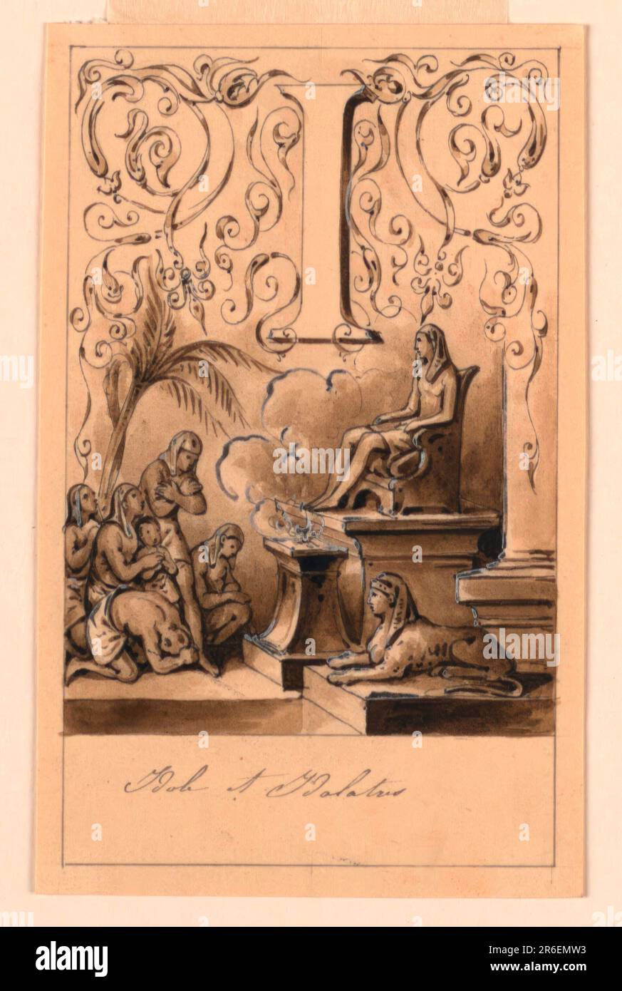 Letter above, flanked by intertwining rinceau. Worshippers in a temple ...