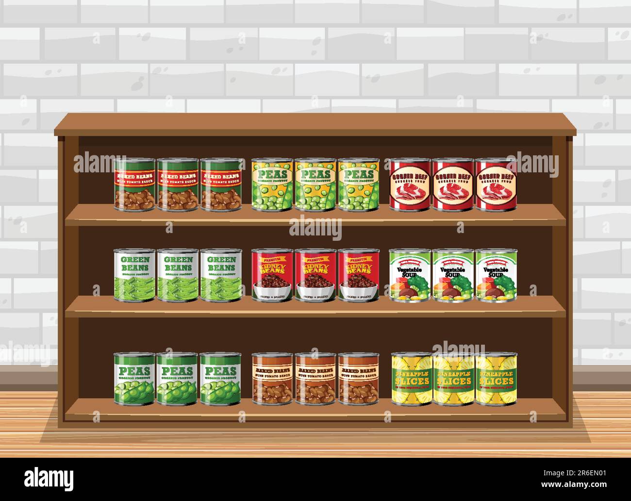 Canned food on wooden shelf illustration Stock Vector Image & Art - Alamy
