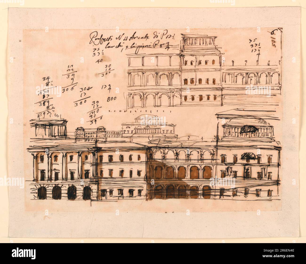 Several elevations of three-story buildings with colonnades. Two line ...
