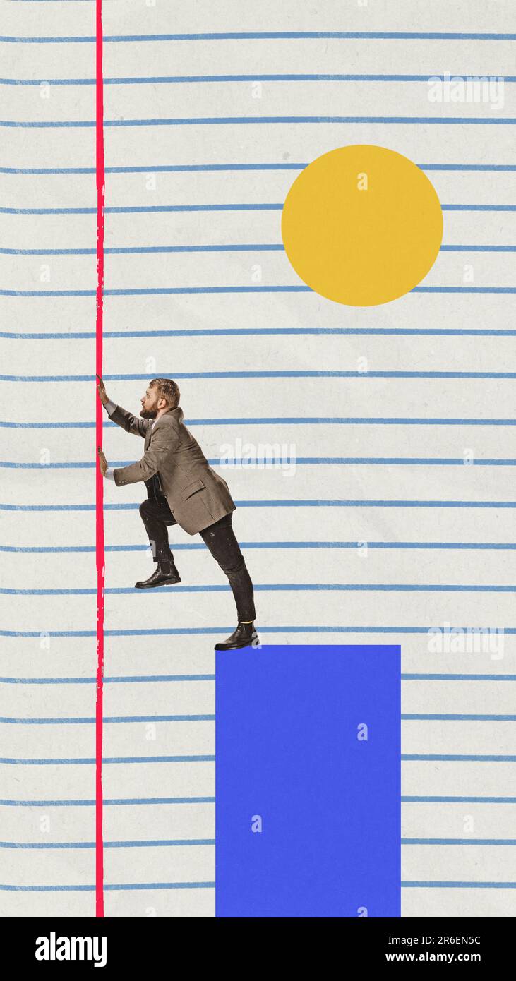 Motivated and ambitious employee, office worker pushing wall ...