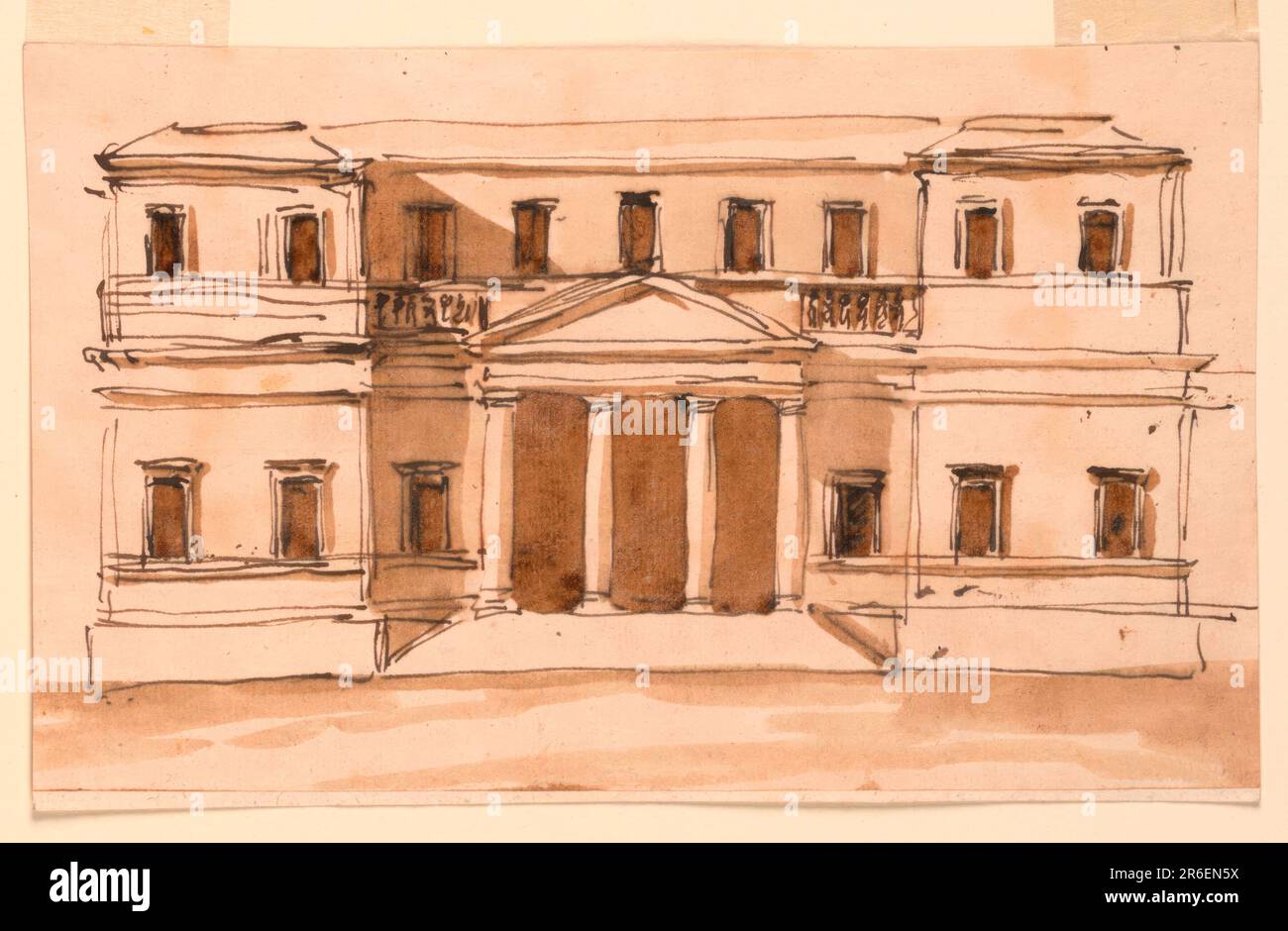 Two stories. Receding central section with a portico of four Doric ...