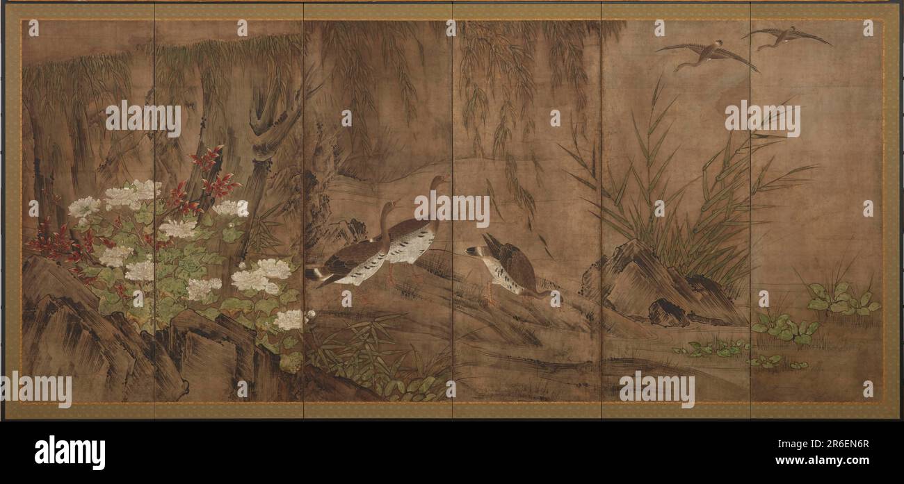 Wild geese, willows and peonies. Origin: Japan. Ink and color on paper ...