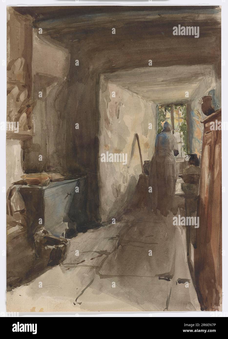 Kitchen interior with female figure standing before a window, framed by ...