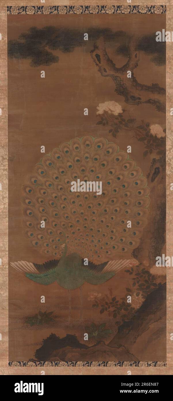 Peacock, peonies and pine. Color on silk. Origin: Japan. Period: Edo ...