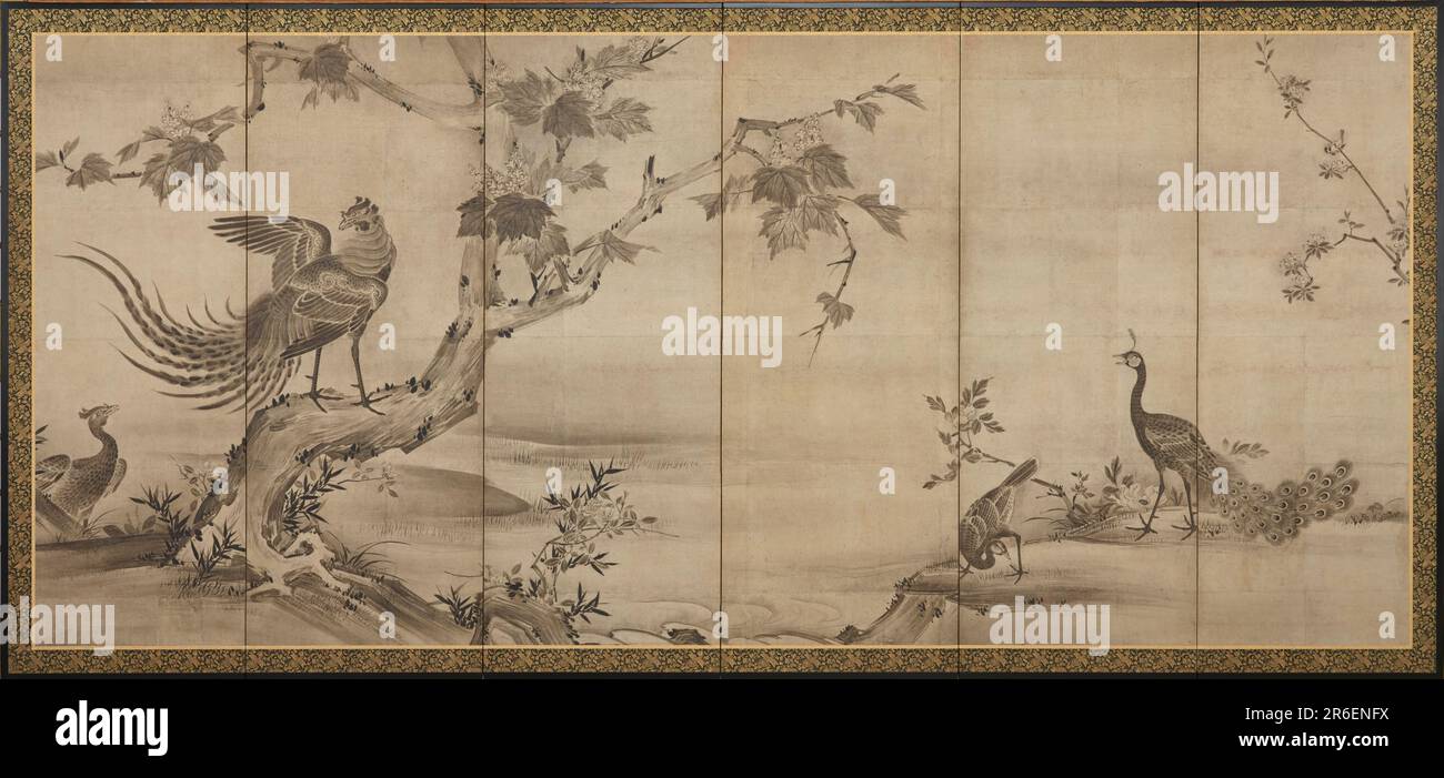 Birds, flowers, and trees: on the back, bamboo trees. ink on paper ...