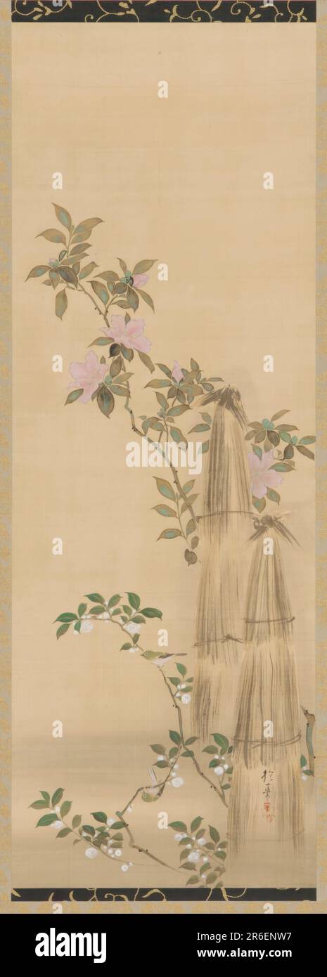 Pink and white flowers and straw coverings. Origin: Japan. Period: Edo ...