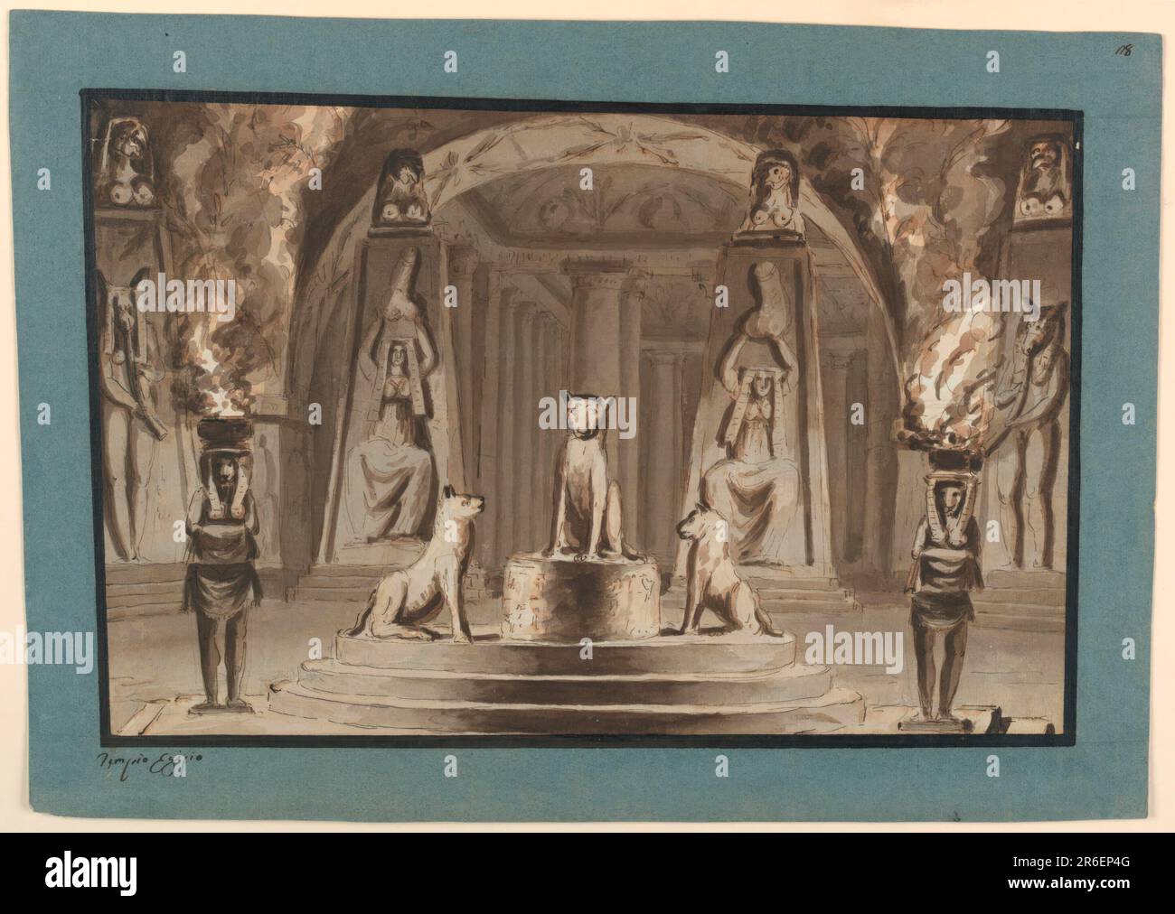 Interior of Egyptian temple with statues of holy animals and others ...