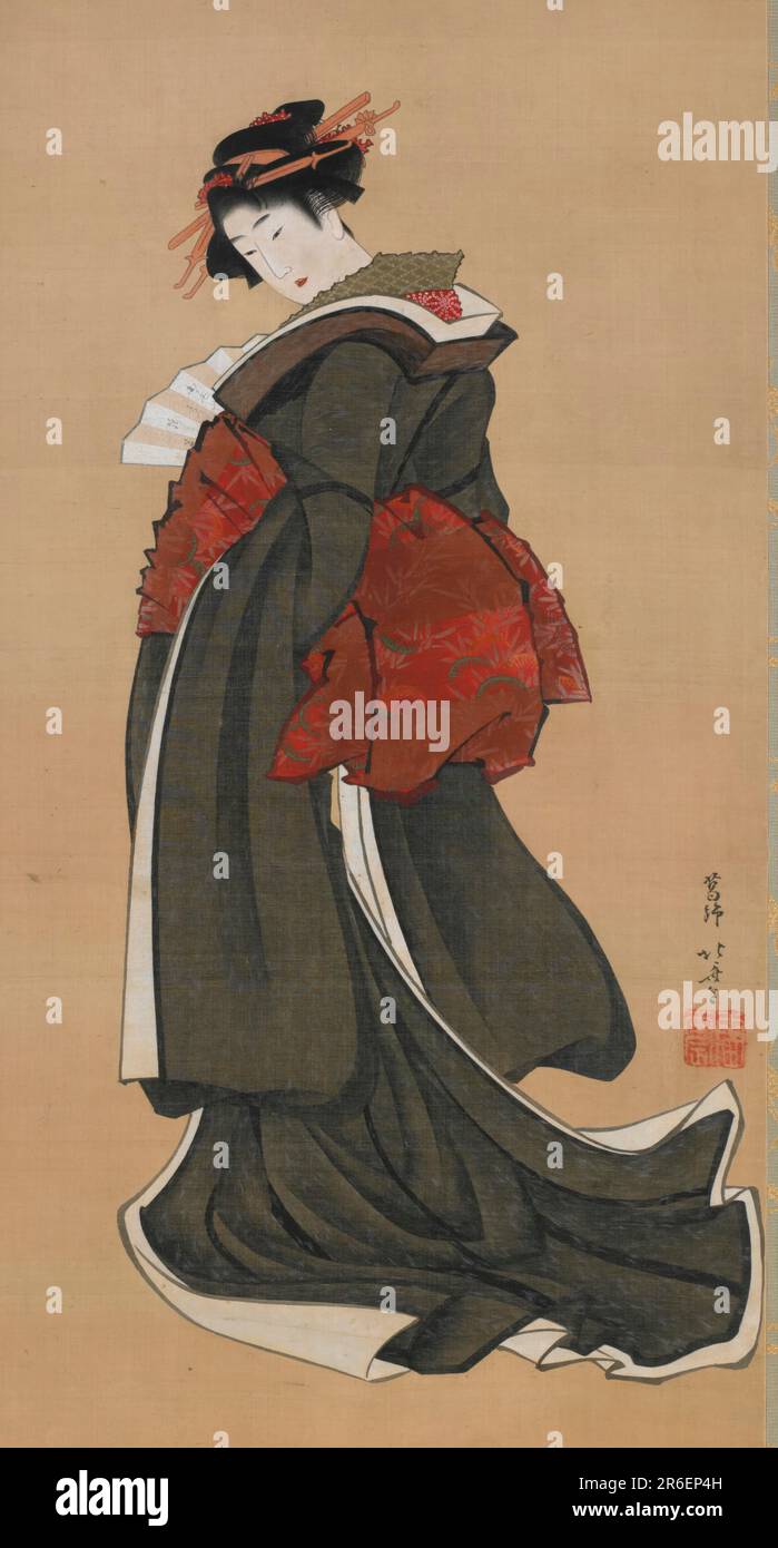 Woman Holding a Fan. Origin: Japan. Period: Edo period. Ink and color on silk. Date: ca. 1810 ...