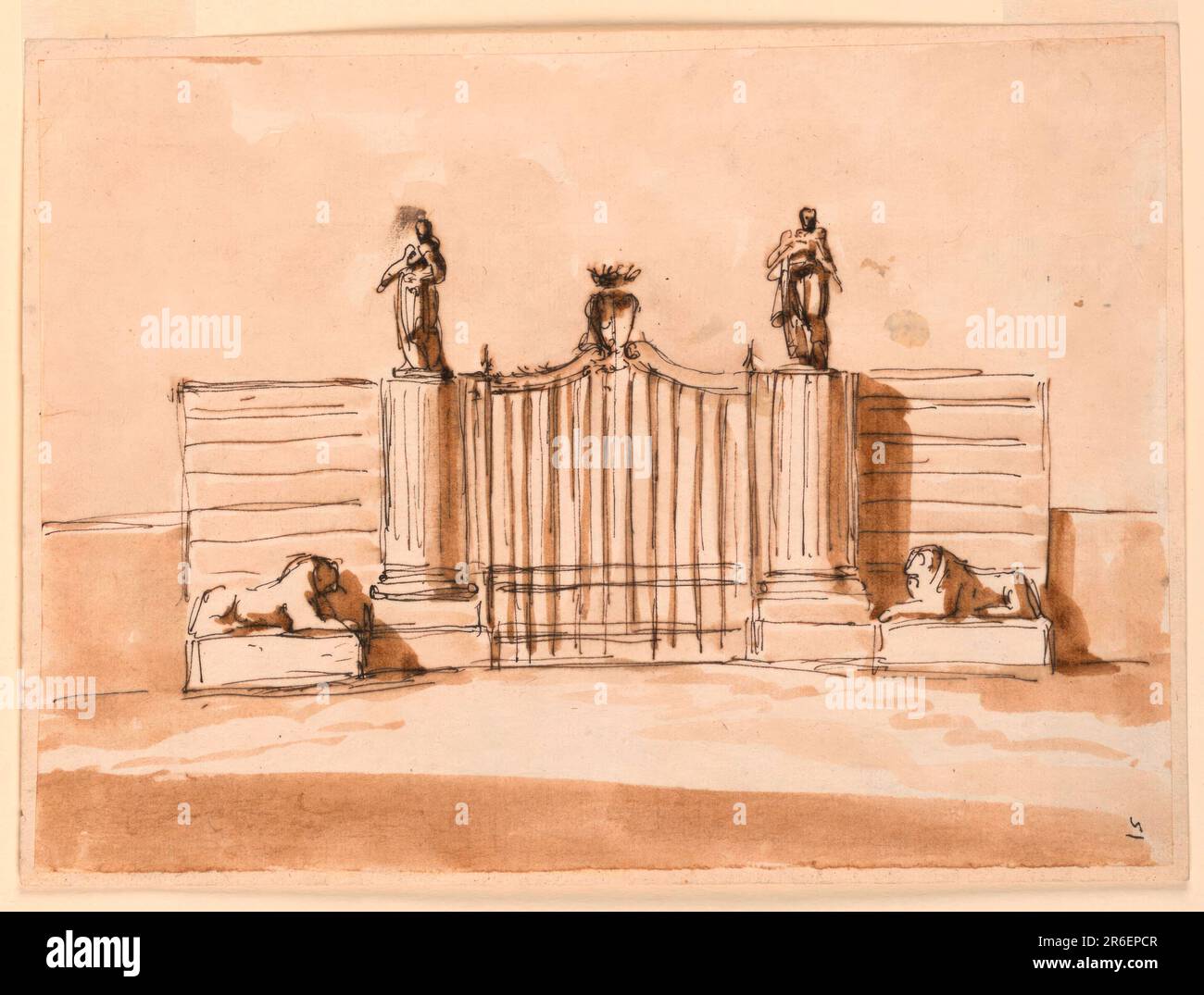 The two-winged iron railing has on top an escutcheon. It is bordered by ...