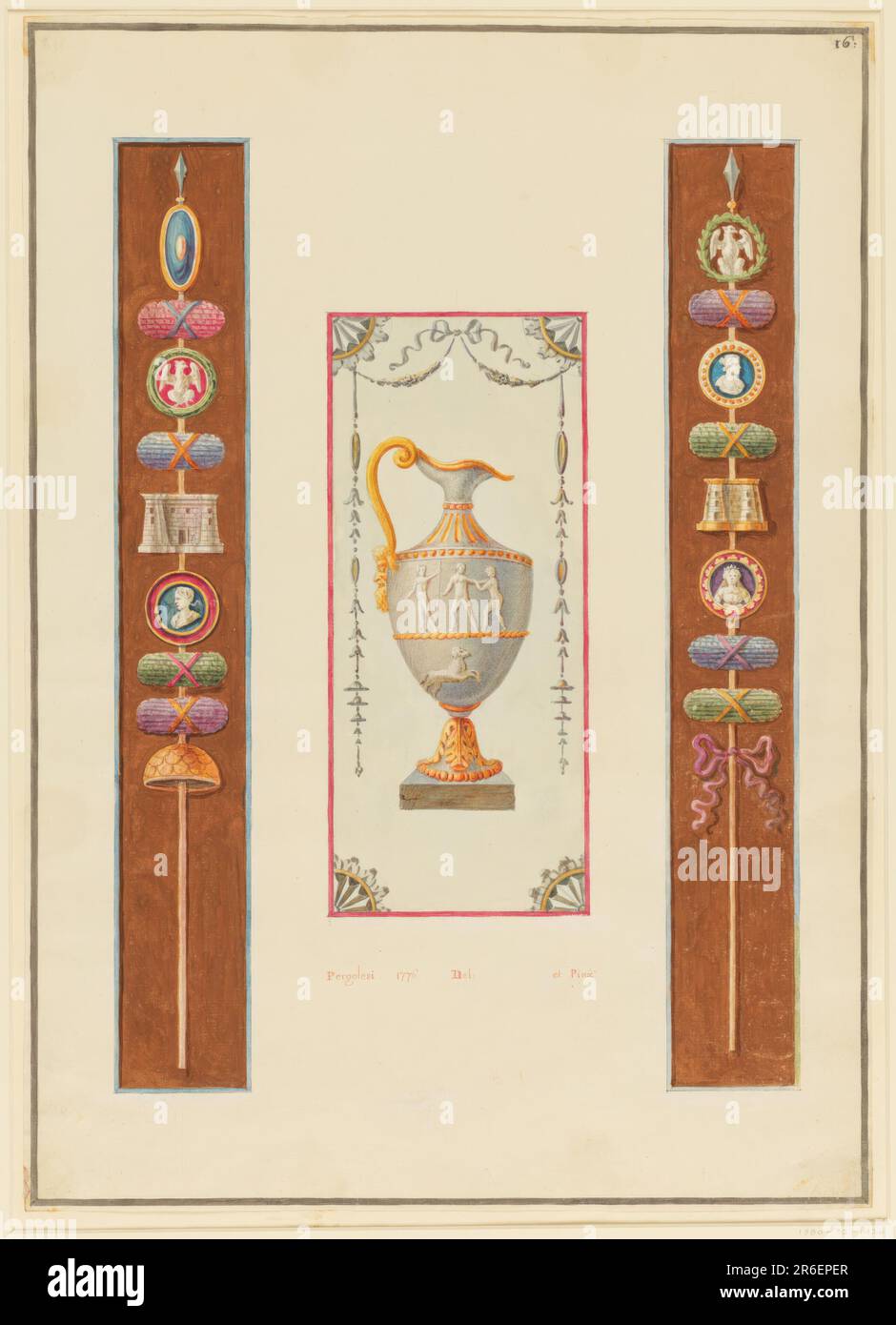 Ornament Design, Ewer between Roman Standards. Date: 1776. Pen and ink ...