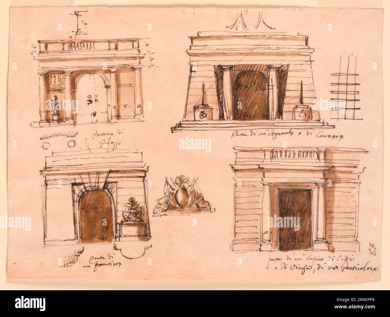 Top row: section of a dado; ornament. Second row: elevation of a ...