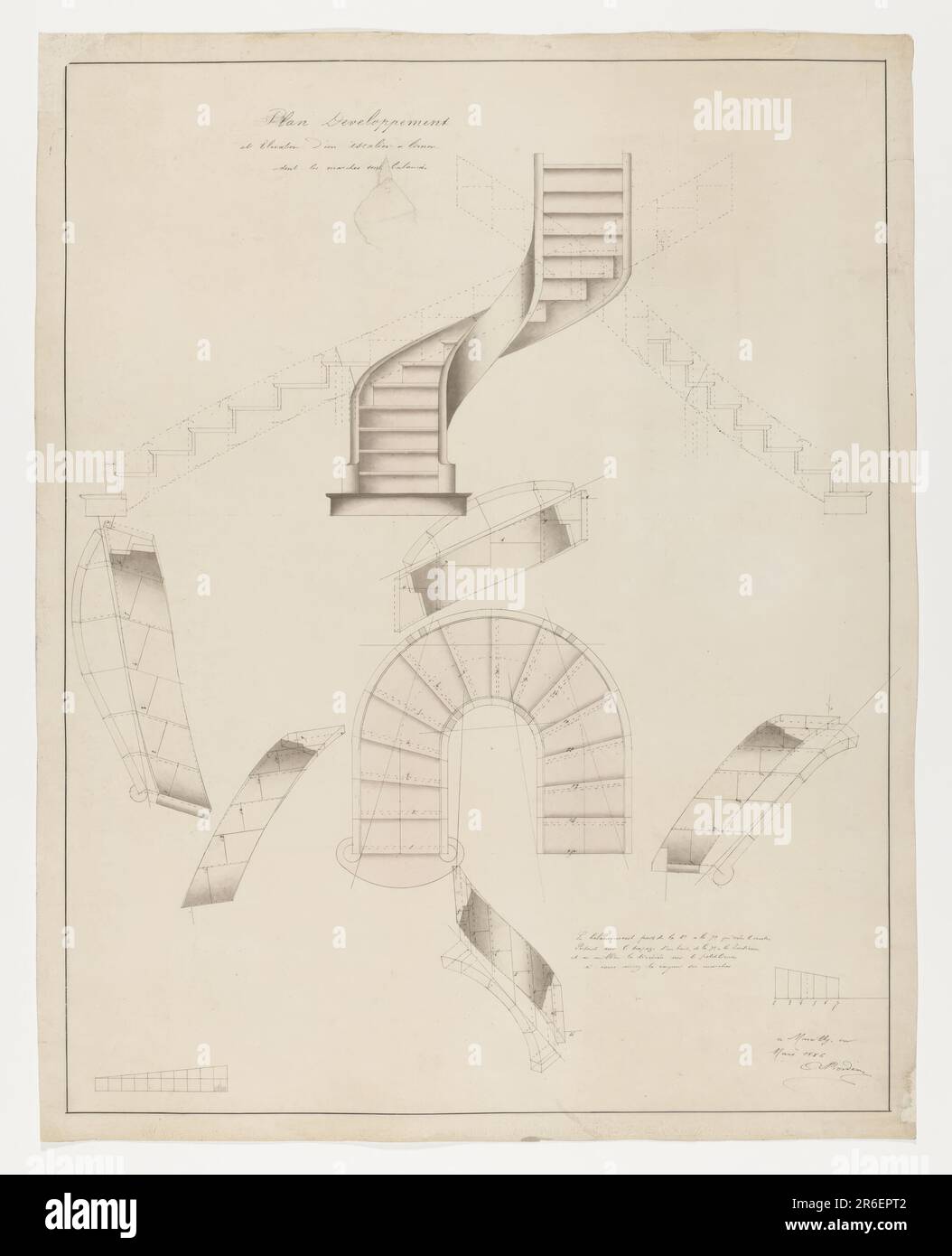 Plan and elevation of curved staircase; with details. Graphite, brush ...