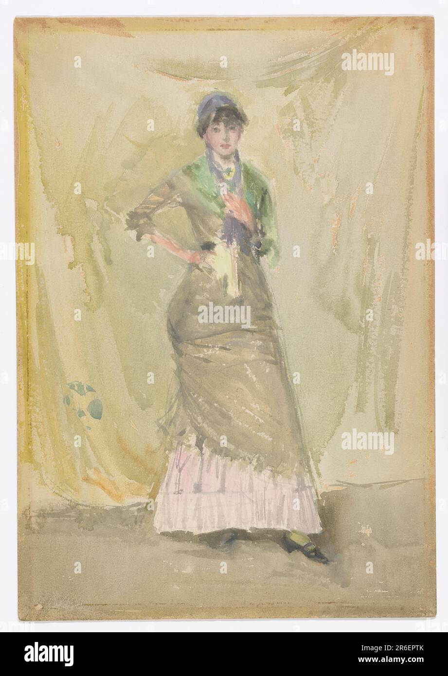 Standing figure of a woman, with one arm akimbo, posed before a yellow ...