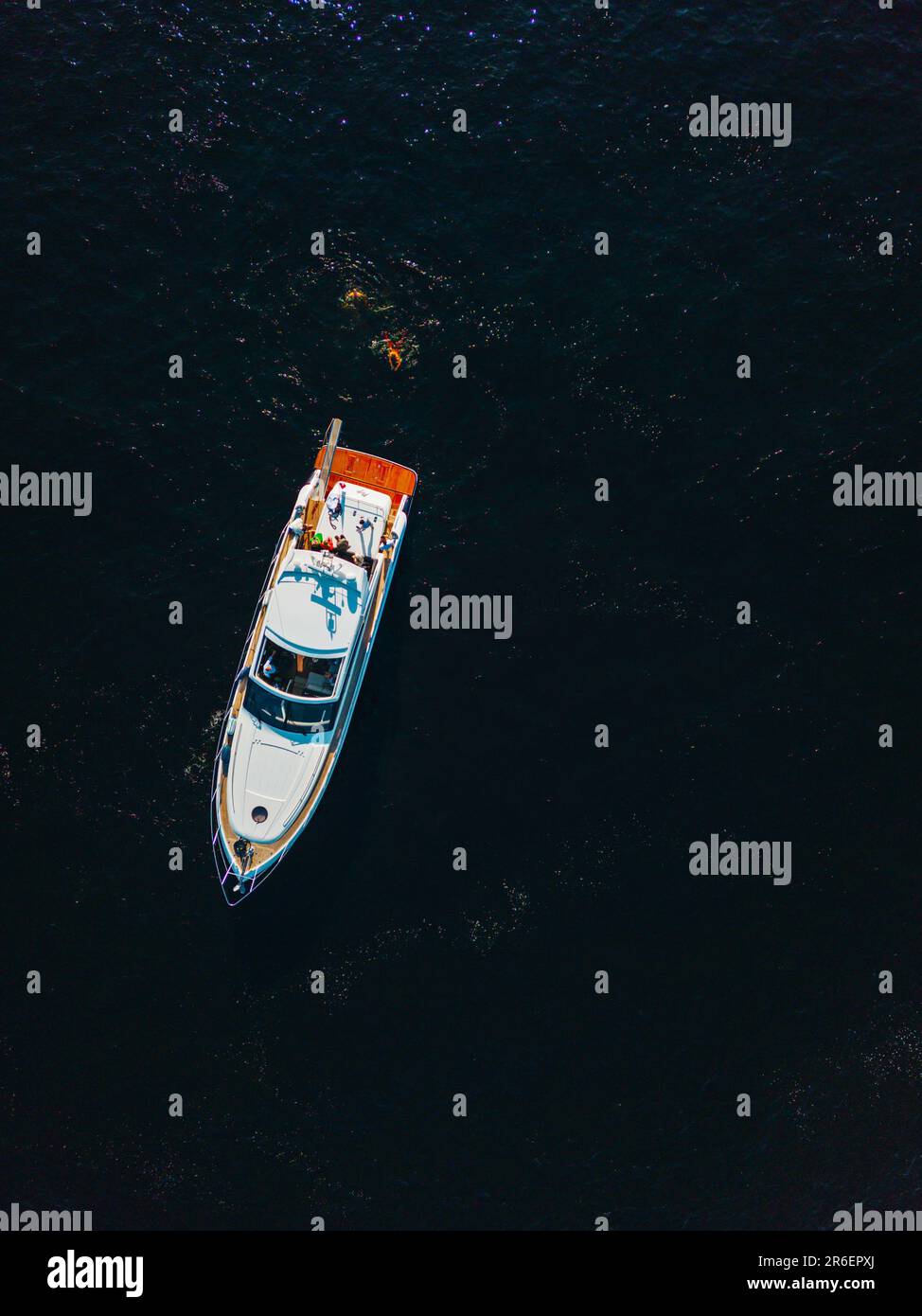 An aerial view of a large white vessel sailing on the open ocean Stock ...