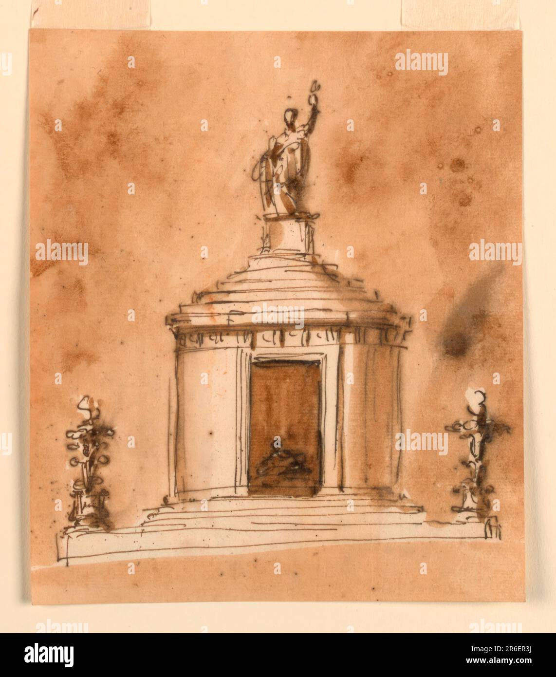 The base is a square plinth, with candelabra at the corners. Above it ...