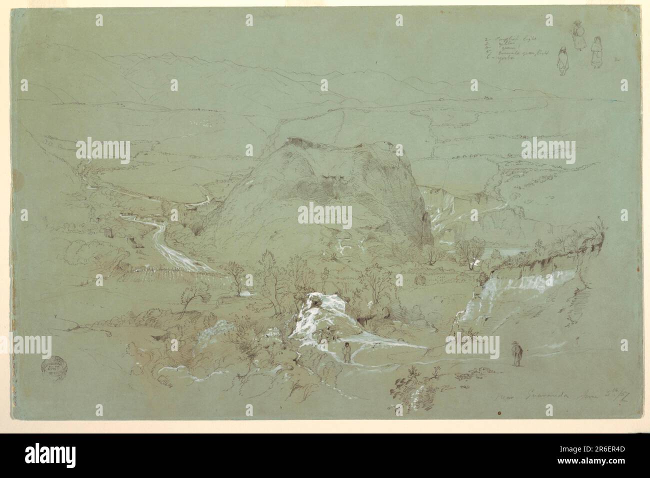 Horizontal view into a sloping valley, includes a flowing river and a ...