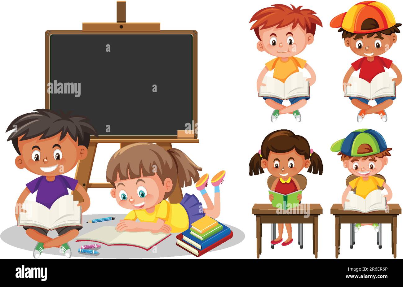 Set of students cartoon character learning illustration Stock Vector ...